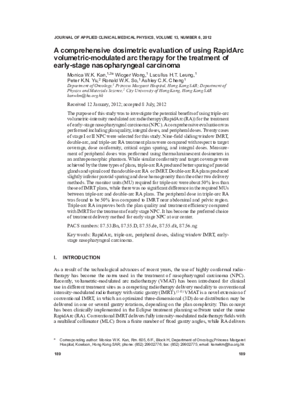 (PDF) A comprehensive dosimetric evaluation of using RapidArc volumetric-modulated arc therapy ...