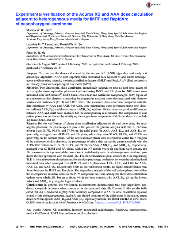 (PDF) Experimental verification of the Acuros XB and AAA dose ...