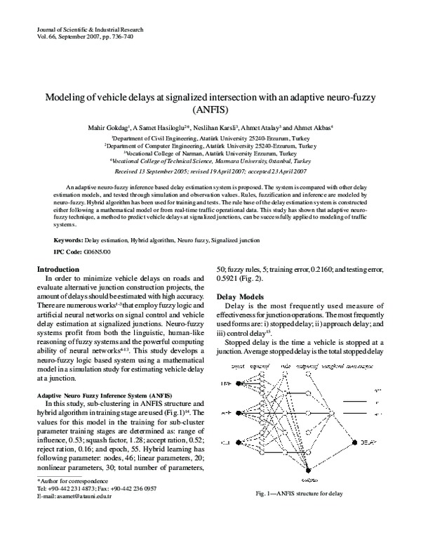 (PDF) Modeling of vehicle delays at signalized intersection with an adaptive neuro-fuzzy (ANFIS)