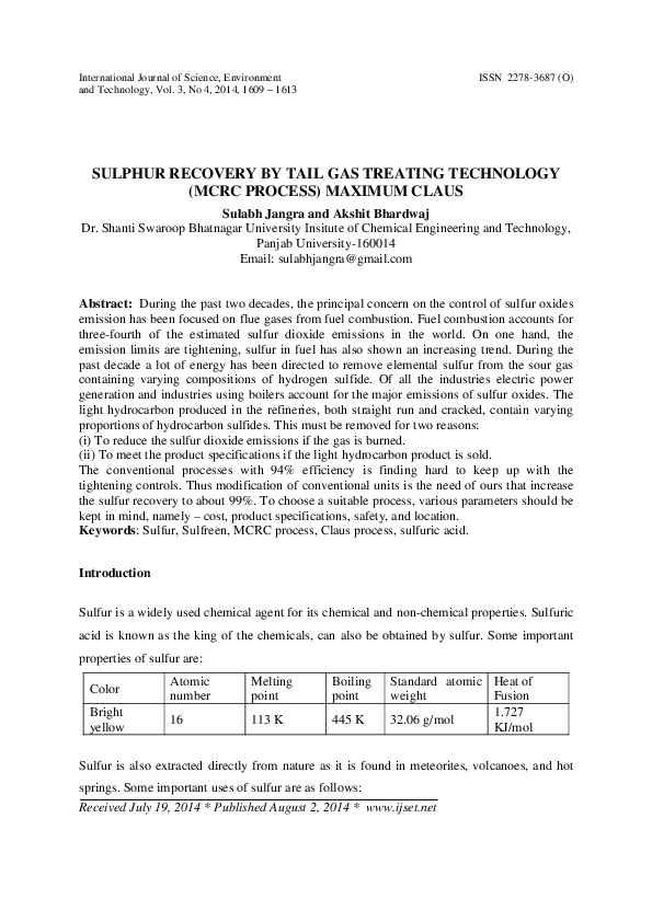 (PDF) Sulphur Recovery by Tail Gas Treating Technology (MCRC Process ...