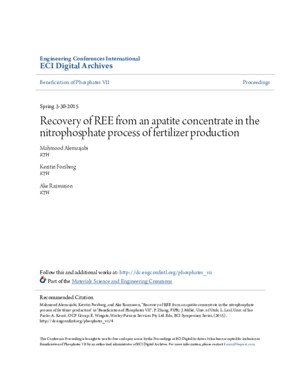 (PDF) Recovery of REE from an apatite concentrate in the nitrophosphate ...