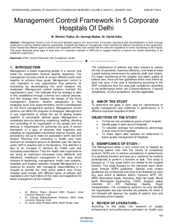 (PDF) Management Control Framework In 5 Corporate Hospitals Of Delhi