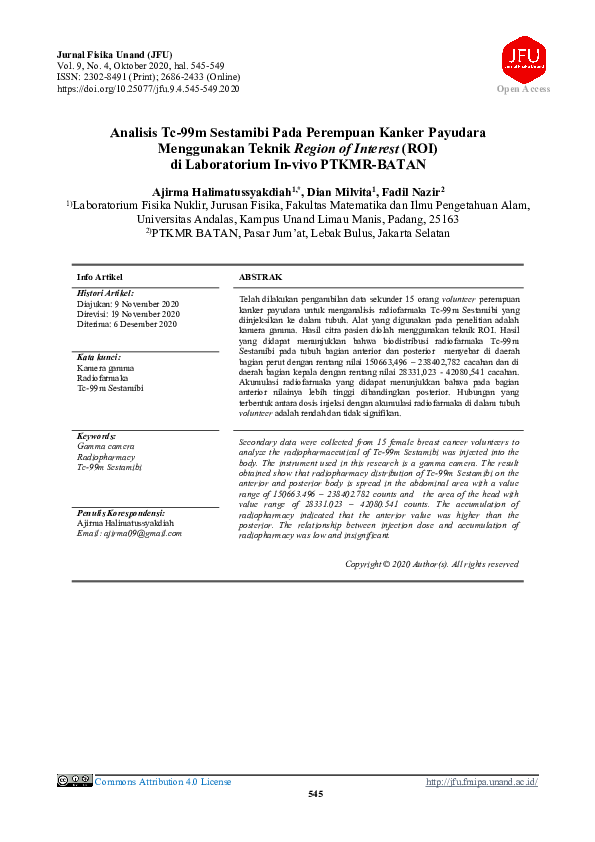 (PDF) Analisis Tc-99m Sestamibi Pada Perempuan Kanker Payudara Menggunakan Teknik Region of ...