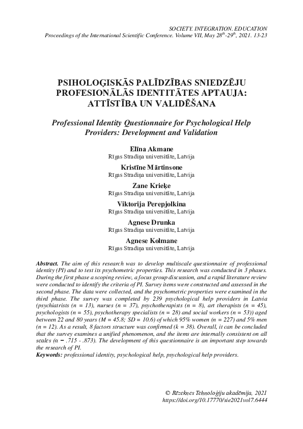 (PDF) Professional Identity Questionnaire for Psychological Help ...