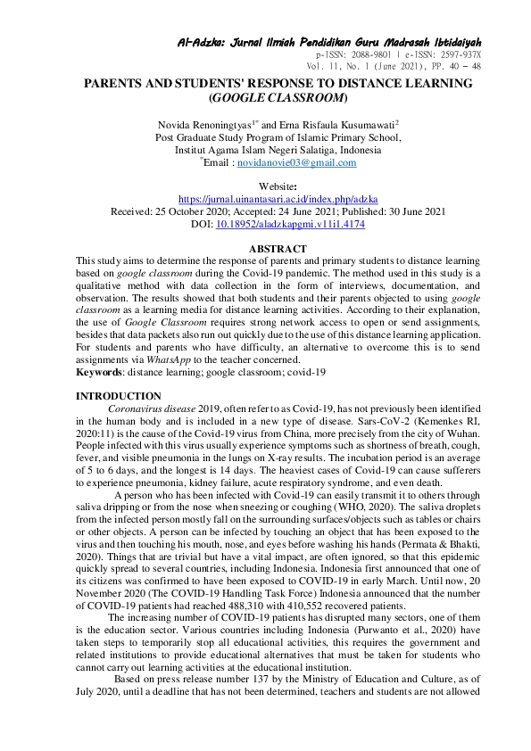 (PDF) Parents and Students' Response to Distance Learning (Google ...