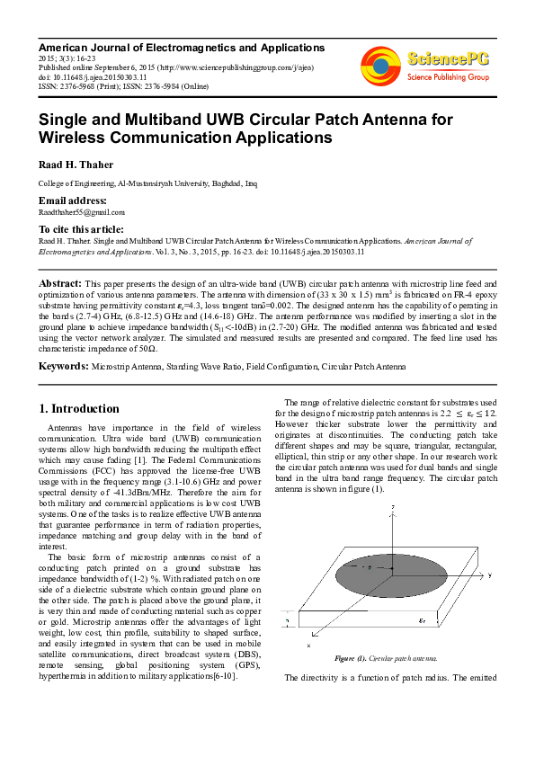 (PDF) Single and Multiband UWB Circular Patch Antenna for Wireless Communication Applications