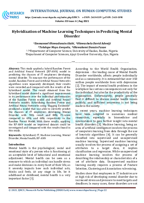 (PDF) Hybridization of Machine Learning Techniques in Predicting Mental ...