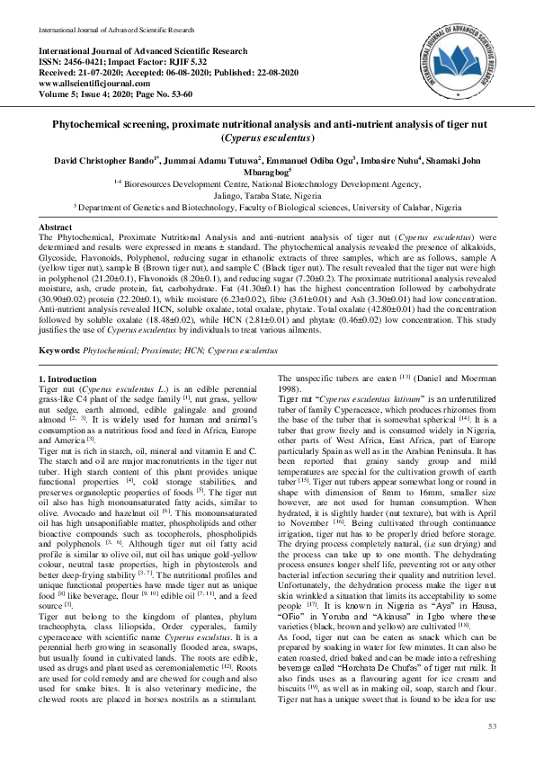 (PDF) Phytochemical screening, proximate nutritional analysis and anti-nutrient analysis of ...