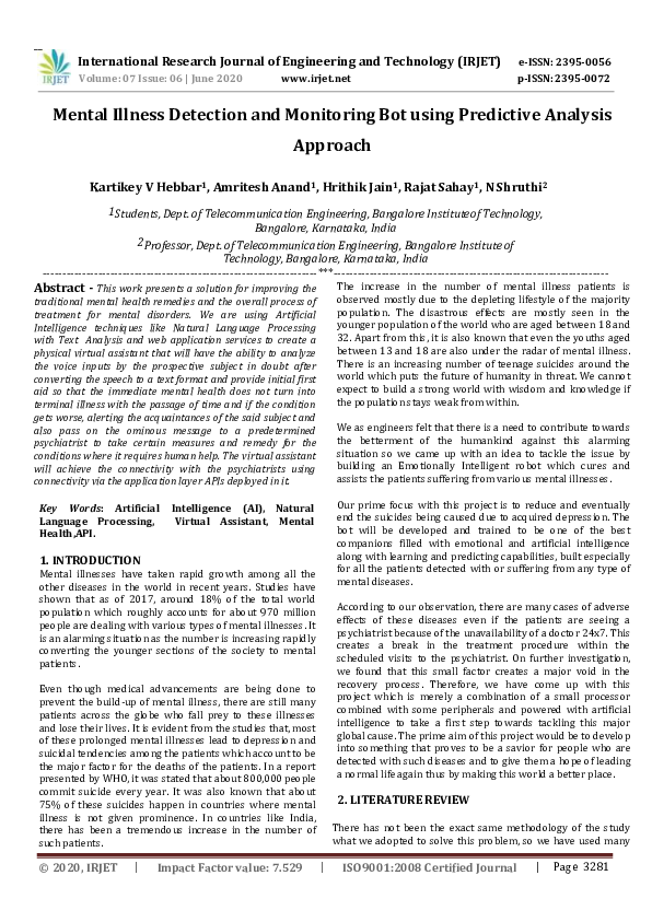 Pdf Mental Illness Detection And Monitoring Bot Using Predictive Analysis Approach