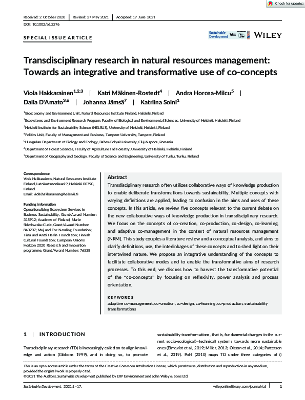(PDF) Transdisciplinary research in natural resources management: Towards an integrative and ...