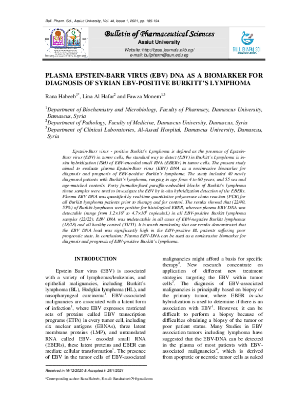 (PDF) Plasma Epstein-Barr Virus (Ebv) Dna as a Biomarker for Diagnosis ...