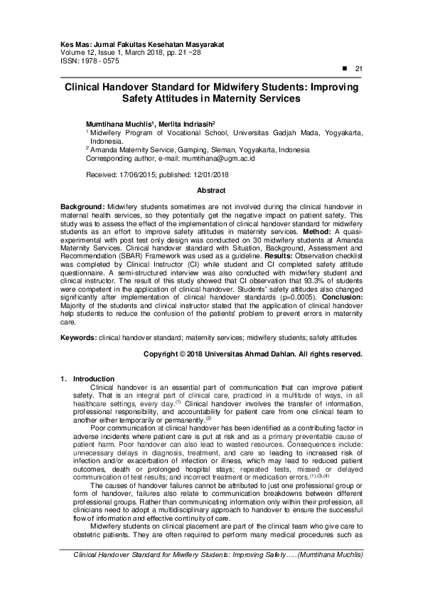 (PDF) Clinical Handover Standard for Midwifery Students: Improving ...