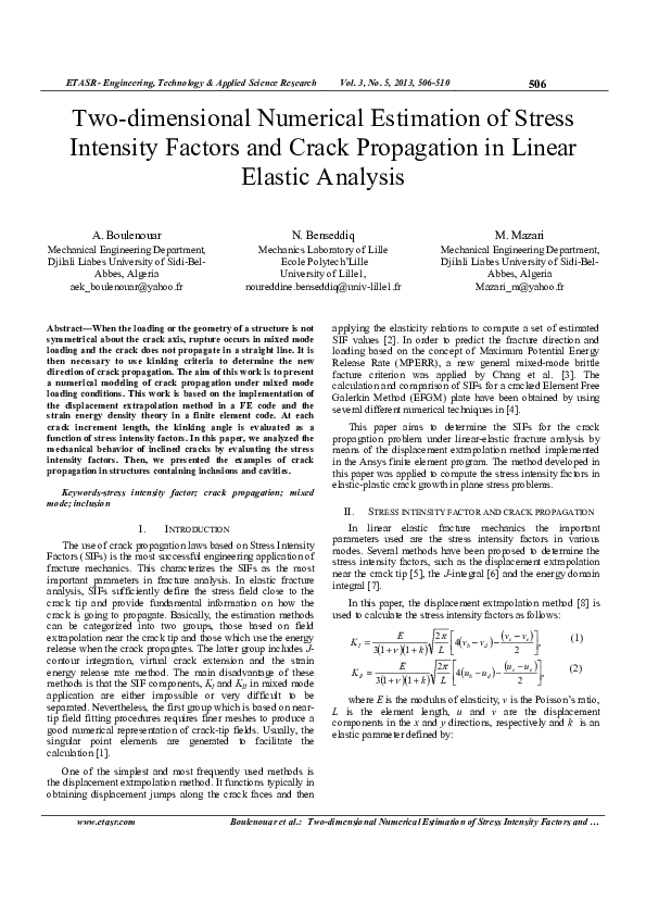(PDF) Two-Dimensional Numerical Estimation of Stress Intensity Factors and Crack Propagation In ...