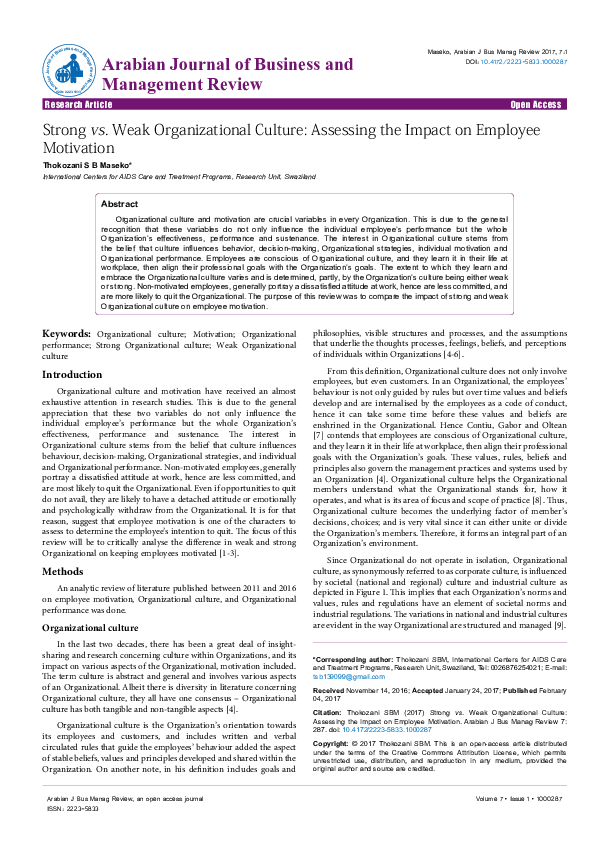 (PDF) Strong vs. Weak Organizational Culture: Assessing the Impact on ...