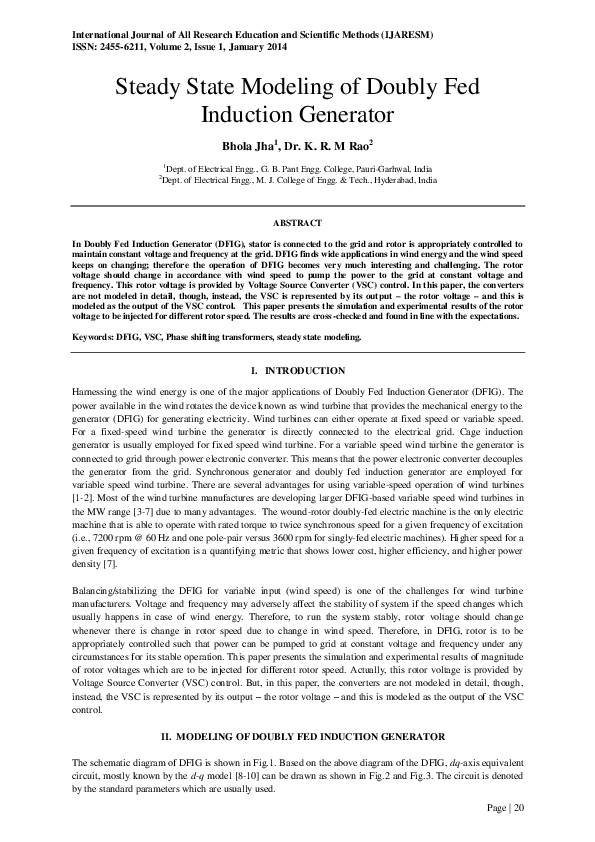 Pdf Steady State Modeling Of Doubly Fed Induction Generator