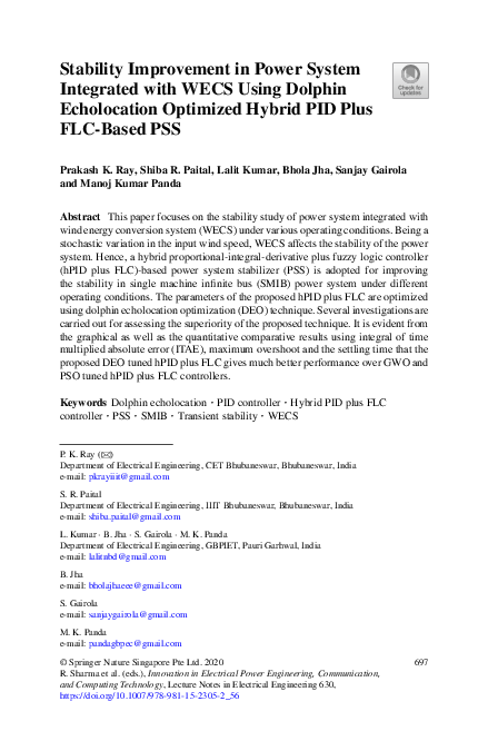 (PDF) Stability Improvement in Power System Integrated with WECS Using Dolphin Echolocation ...