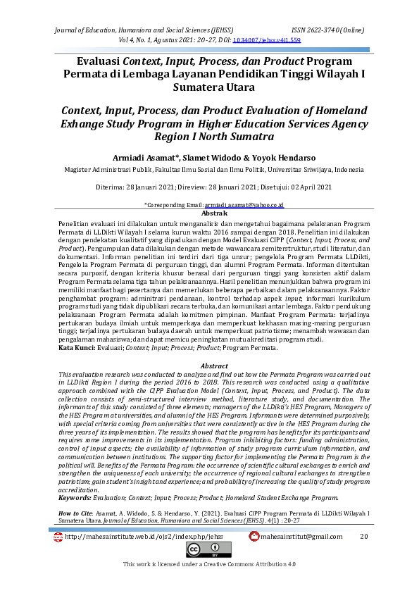 (PDF) Evaluasi Context, Input, Process, dan Product Program Permata di ...