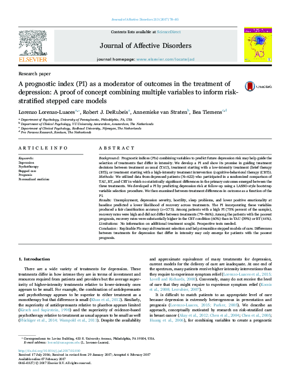 Pdf A Prognostic Index Pi As A Moderator Of Outcomes In The