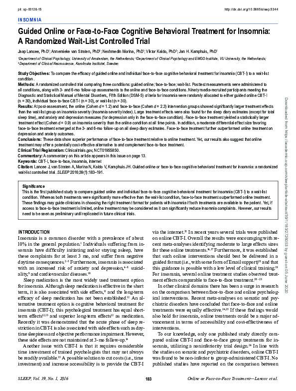 (PDF) Guided Online or Face-to-Face Cognitive Behavioral Treatment for Insomnia? A Randomized ...
