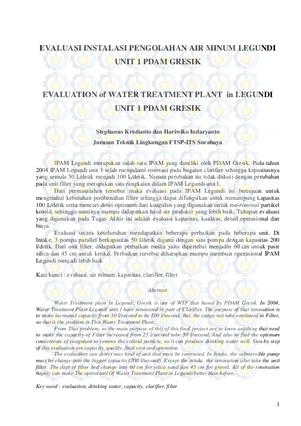 (PDF) Evaluasi Instalasi Pengolahan Air Minum Legundi Unit 1 Pdam Gresik