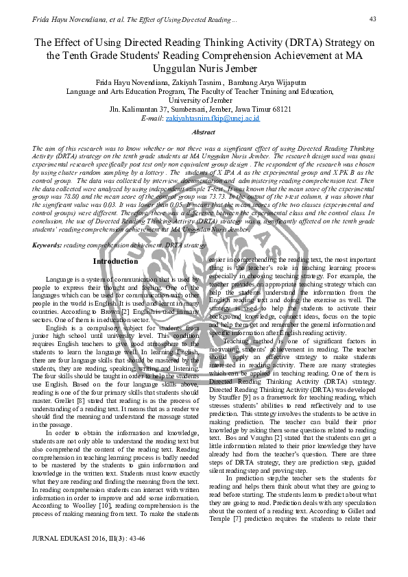 (PDF) The Effect of Using Directed Reading Thinking Activity (DRTA) Strategy on the Tenth Grade ...