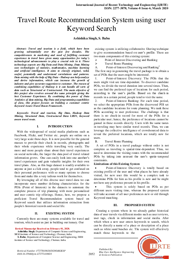 (PDF) Travel Route Recommendation System using User Keyword Search