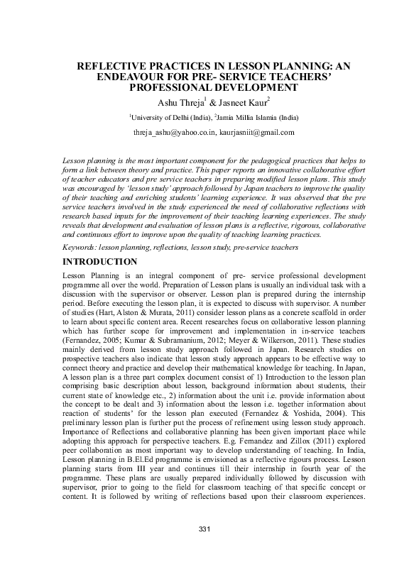 (PDF) Reflective Practices in Lesson Planning: An Endeavour for Pre ...