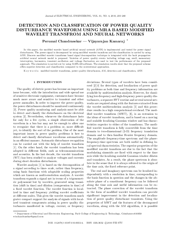 Pdf Detection And Classification Of Power Quality Disturbances Using Time Frequency Analysis
