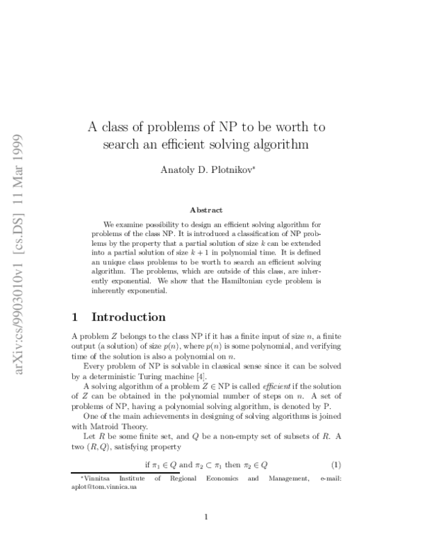 (PDF) A class of problems of NP to be worth to search an efficient solving algorithm