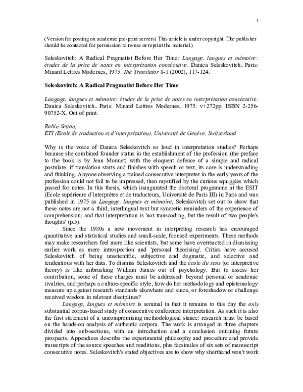 (DOC) Revisting the classics. Seleskovitch: a radical pragmatist before ...