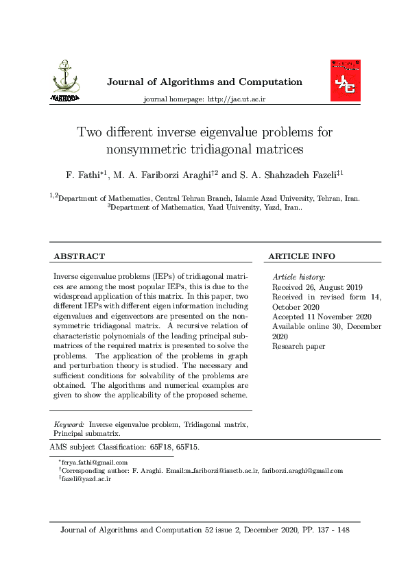 (PDF) Two different inverse eigenvalue problems for nonsymmetric ...