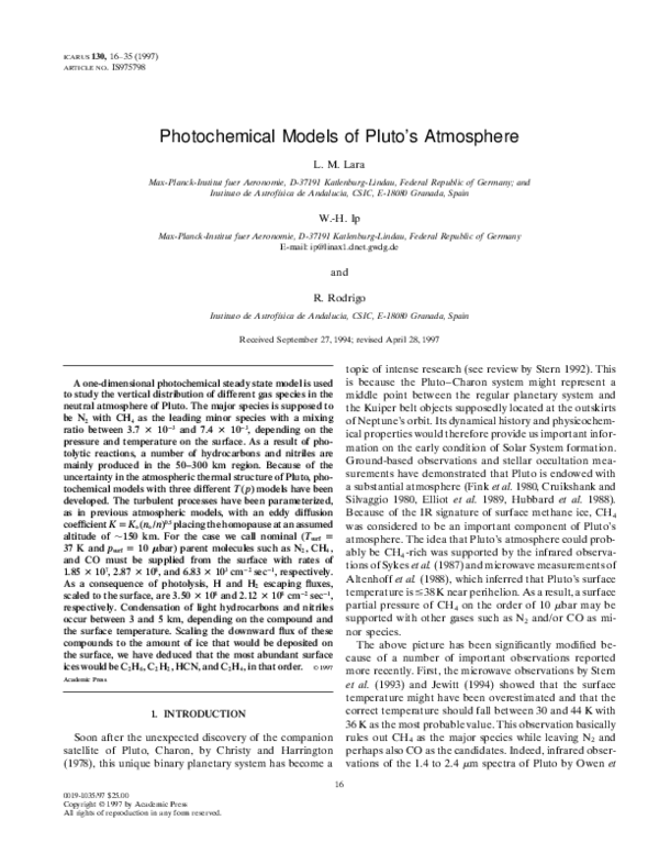 (PDF) Photochemical Models of Pluto's Atmosphere