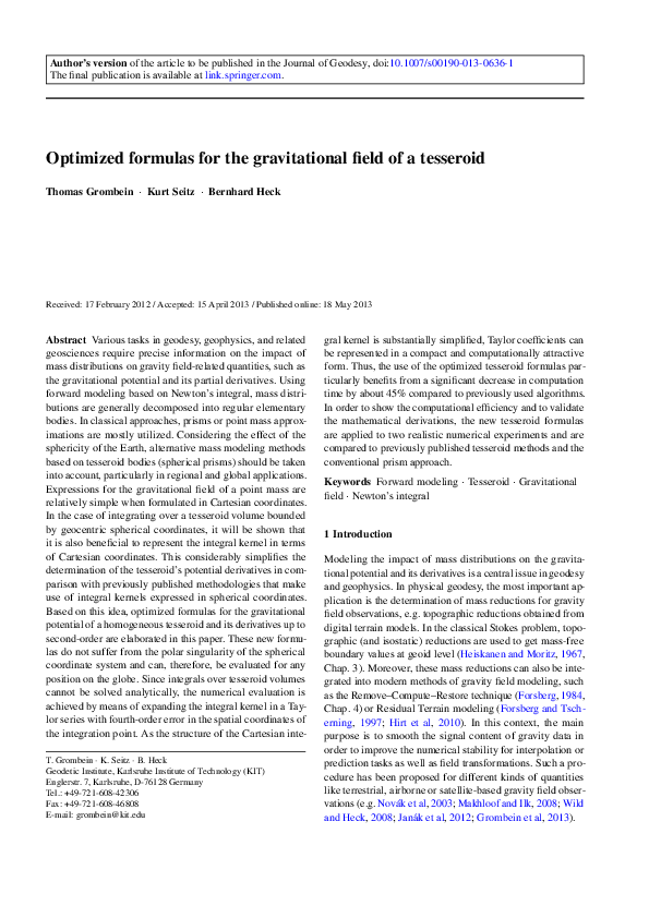 (PDF) Optimized formulas for the gravitational field of a tesseroid