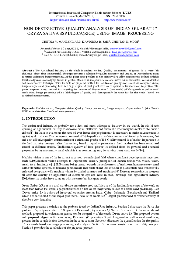 (PDF) Oryza Sativa SSP Indica ( Rice ) Using Image Processing
