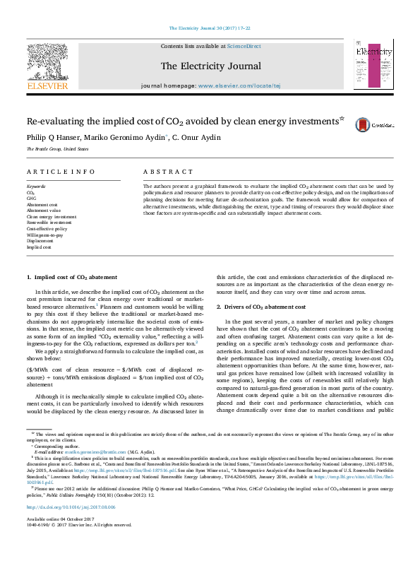 (PDF) Re-evaluating the implied cost of CO2 avoided by clean energy ...