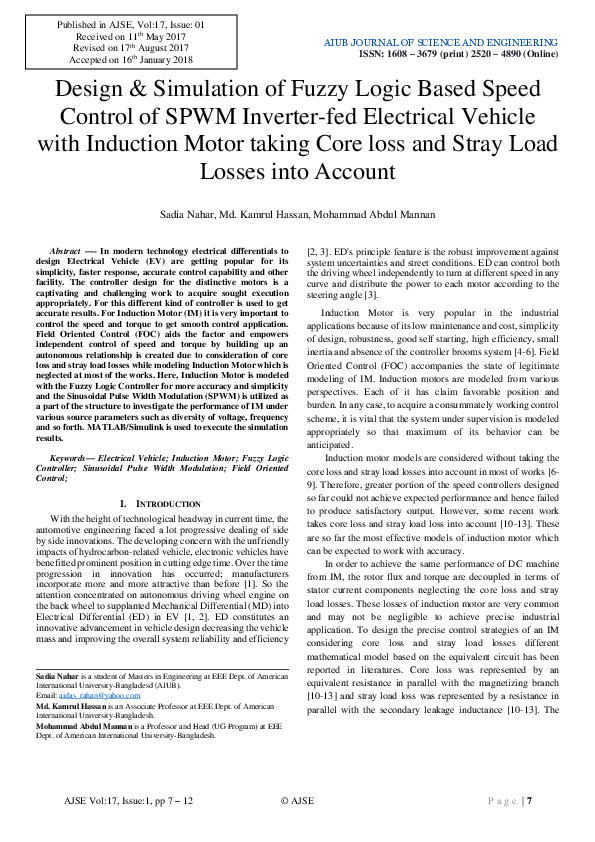 Pdf Design Simulation Of Fuzzy Logic Based Speed Control Of Spwm Inverter Fed Electrical 