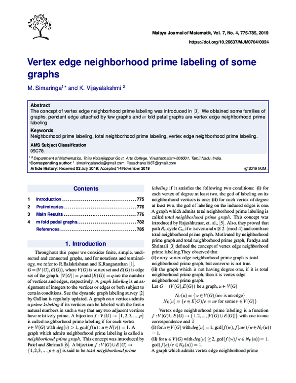 (PDF) Vertex-Edge Neighborhood Prime Labeling of Some Graphs | Parul B ...