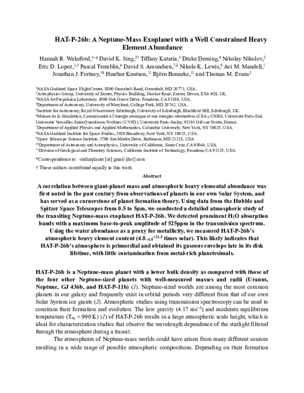 (PDF) HAT-P-26b: A Neptune-mass exoplanet with a well-constrained heavy ...