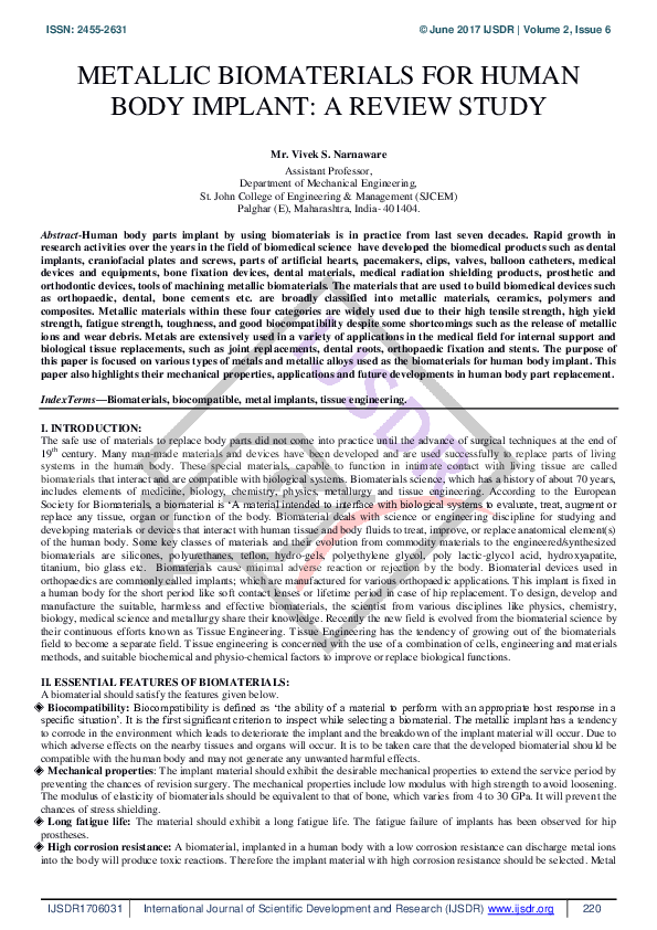 (PDF) Metallic Biomaterials for Human Body Implant : A Review Study