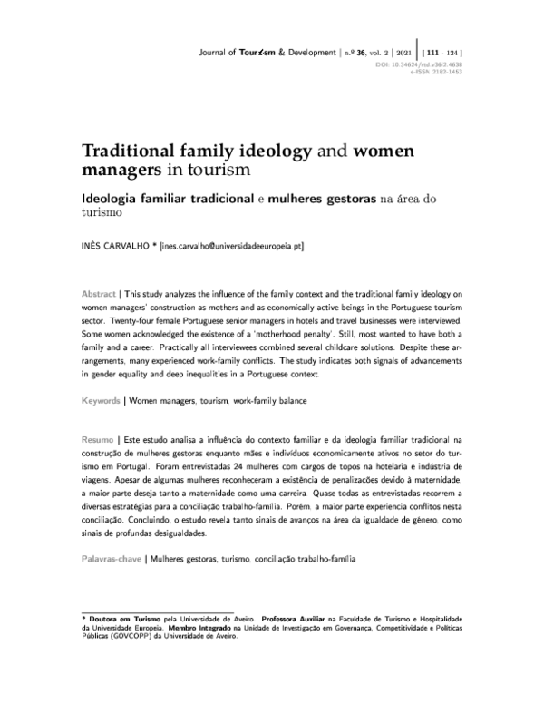 (PDF) Traditional family ideology and women managers in tourism ...