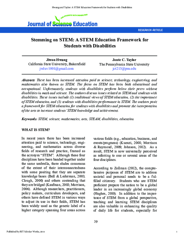 (PDF) Stemming on STEM: A STEM Education Framework for Students with ...