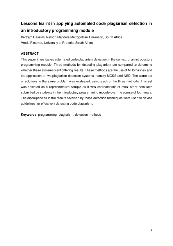 (PDF) Automated Code Plagiarism Detection Methods