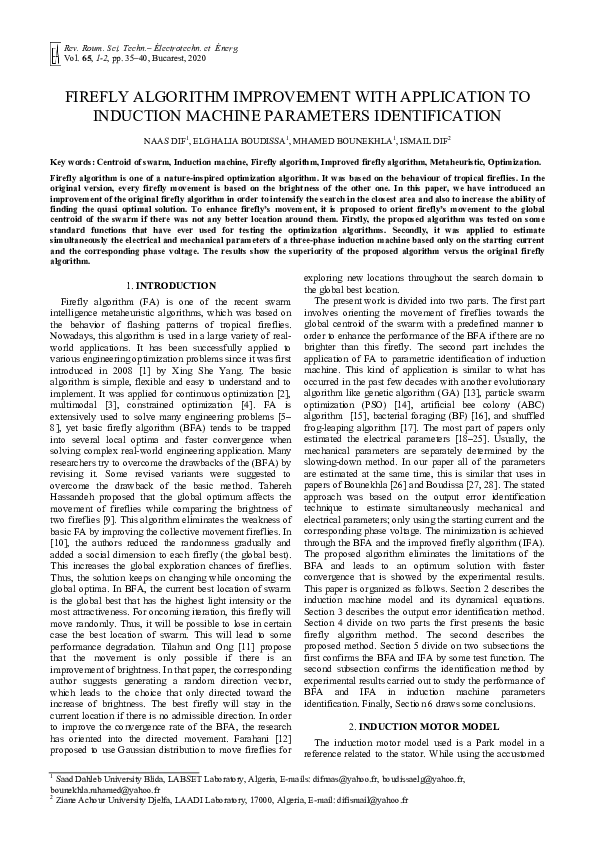 (PDF) Firefly Algorithm Improvement with Application to Induction Machine Parameters Identification