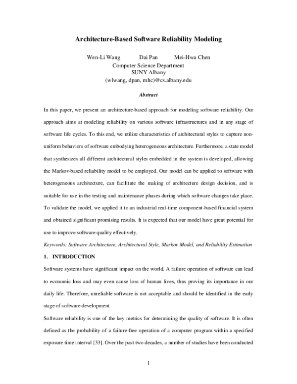 Pdf Architecture Based Software Reliability Modeling