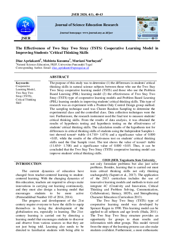 (PDF) The Effectiveness of Two Stay Two Stray (TSTS) Cooperative Learning Model in Improving ...