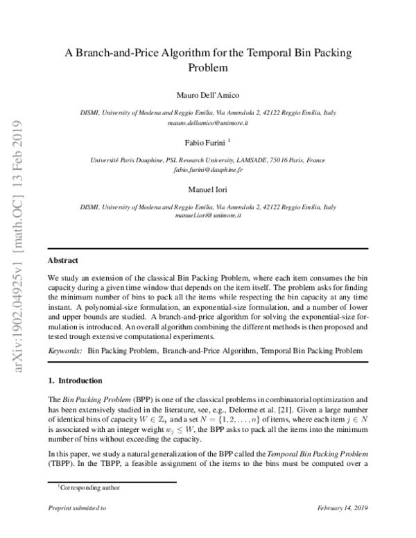 Pdf A Branch And Price Algorithm For The Temporal Bin Packing Problem