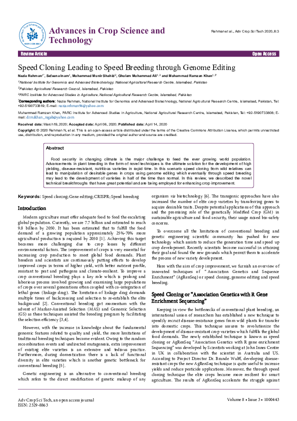 (PDF) Speed Cloning Leading to Speed Breeding through Genome Editing