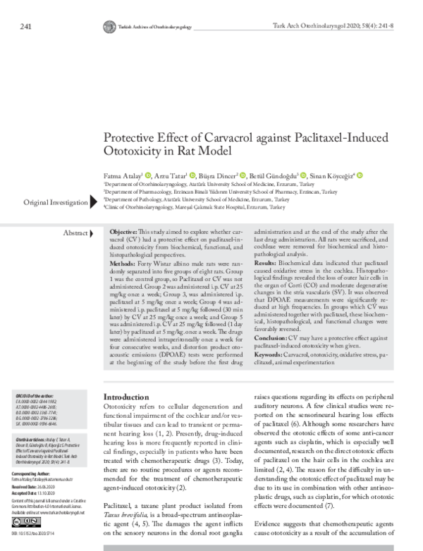 (PDF) Protective Effect of Carvacrol against Paclitaxel-Induced Ototoxicity in Rat Model