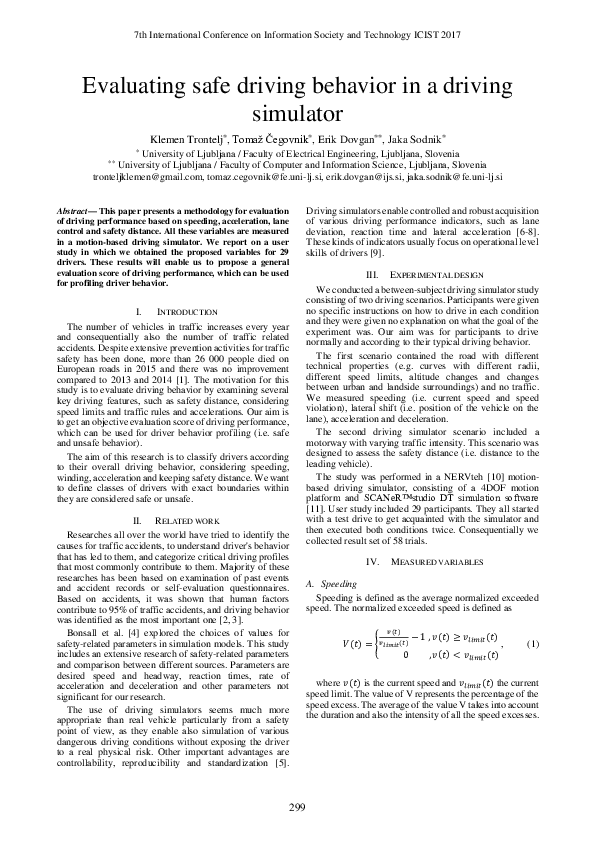 (PDF) Evaluating safe driving behavior in a driving simulator
