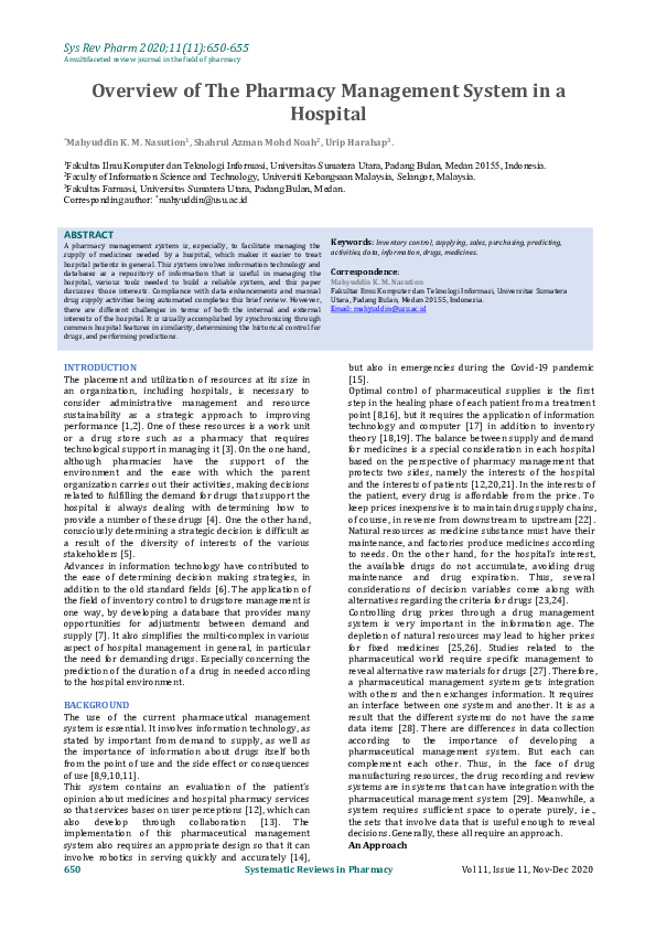 (PDF) Overview of The Pharmacy Management System in a Hospital